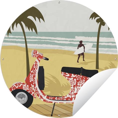Tuincirkel Illustratie Van Een Rode Vespa Op Het Strand 150x150 Cm