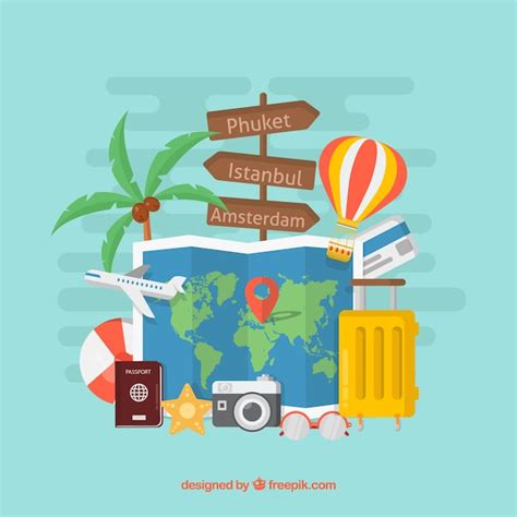 Mapa Do Mundo E Elementos De Viagem Com Design Plano Vetor Grátis