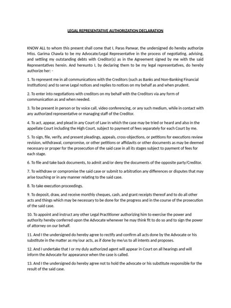 Legal Representative Authorization Declaration Pdf