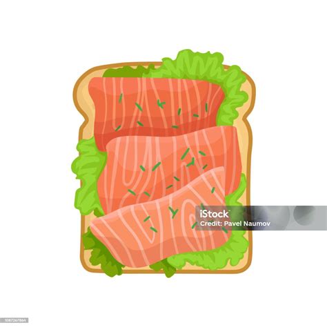 녹색 양상추 잎과 연어 물고기 맛 샌드위치의 평면 벡터 아이콘입니다 맛 있는 간식 건강한 식생활에 대한 스톡 벡터 아트 및 기타
