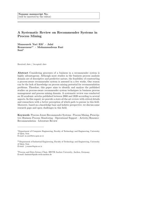 Pdf A Systematic Literature Review On Process Aware Recommender Systems