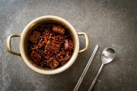 Premium Photo Jjapaguri Or Chapaguri Korean Black Beans Spicy Noodles