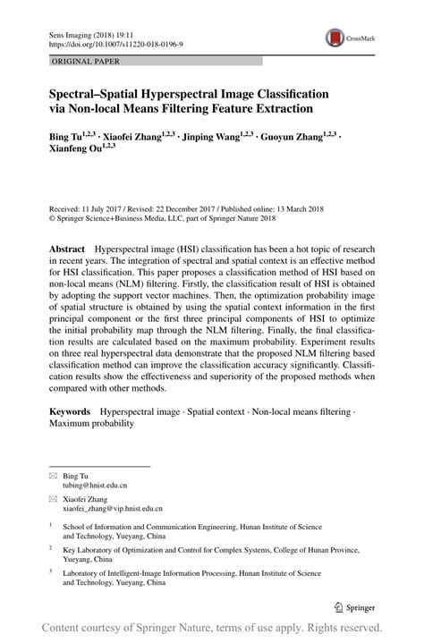 Spectralspatial Hyperspectral Image Classification Via Non Local Means Filtering Feature Extraction