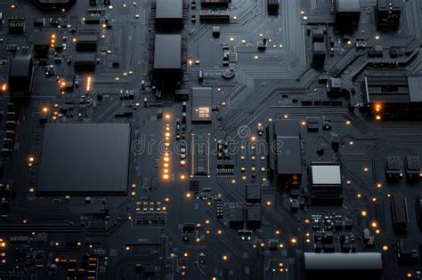 Exploration Of A Circuit Board Featuring Intricate Designs And Glowing Components At Night Stock