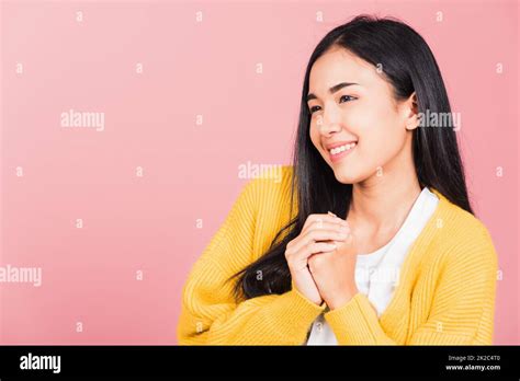 Woman Teen Stand Excited Expression Fist Pressed Together Under Chin