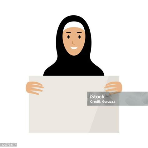 빈 현수막을 들고 있는 여성 무슬림 배너 표지판에 대한 스톡 벡터 아트 및 기타 이미지 배너 표지판 시위 여자 Istock