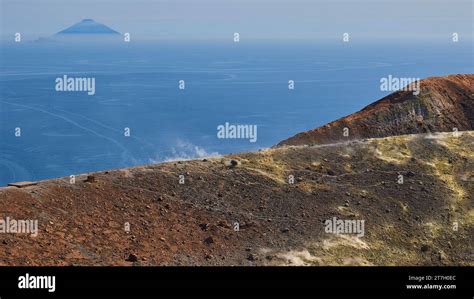 Crater Rim Red Brown Lava Rock Yellow Sulphur Rock Sulphur Vapours