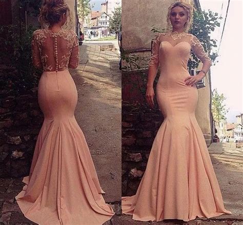 Peach Pink Mermaid Evening Dresses 2017 Lace Sheer Neck Illusion Long