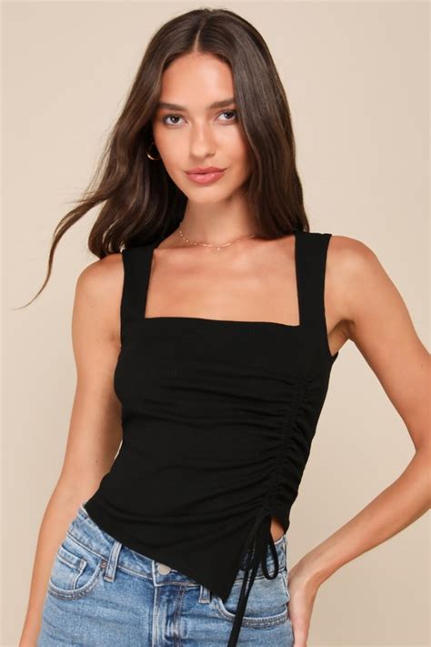 Black Ribbed Tank Top Asymmetrical Tank Top Drawstring Top Lulus