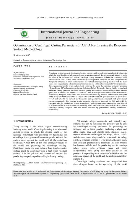 Pdf Optimization Of Centrifugal Casting Parameters Of Alsi Alloy By