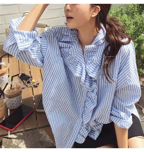 스트라이프셔츠 여성 긴소매셔츠 프릴 오버넥 복고룩 티몬