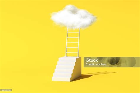 노란색 배경에 사다리와 계단으로 떠있는 흰색 구름의 최소한의 개념 적 장면 3d 렌더링 구름에 대한 스톡 사진 및 기타 이미지