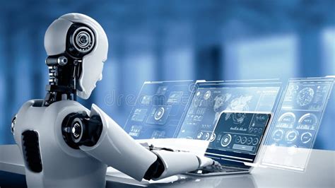 Mlp Robot Hominoid Use Laptop And Sit At Table For Big Data Analytic Stock Illustration