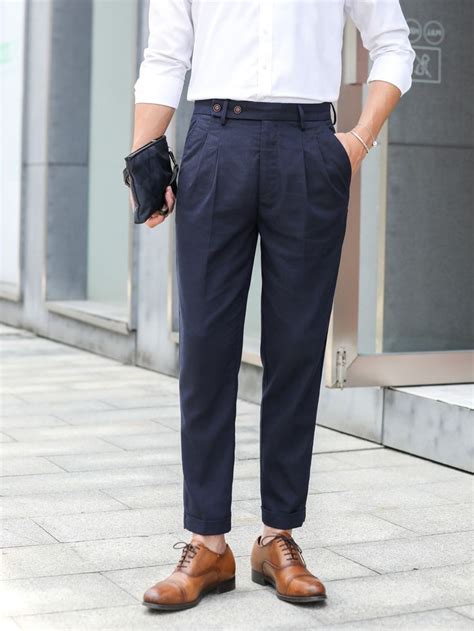 Men Fold Pleated Detail Slant Pocket Suit Pants