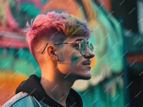 Premium Ai Image A Man With Colorful Hair And Glasses Standing In