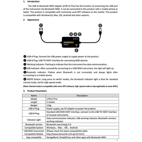 Doremidi Utb 21 Bluetooth 5 0 Dây Cáp Midi Không Dây