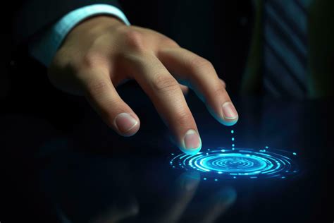 Ai Generated Finger Touching Virtual Screen With Blue Light Technology And Innovation Concept