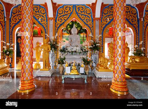 Buddhist Altar And Ornate Columns Wat Chalong Temple Phuket Stock