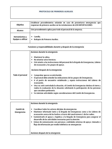 Anexo 0 Pon Protocolo De Primeros Auxilios Pdf Primeros Auxilios