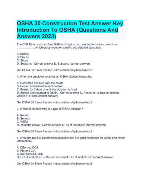 SOLUTION Osha 30 Construction Test Answer Key Introduction To Osha