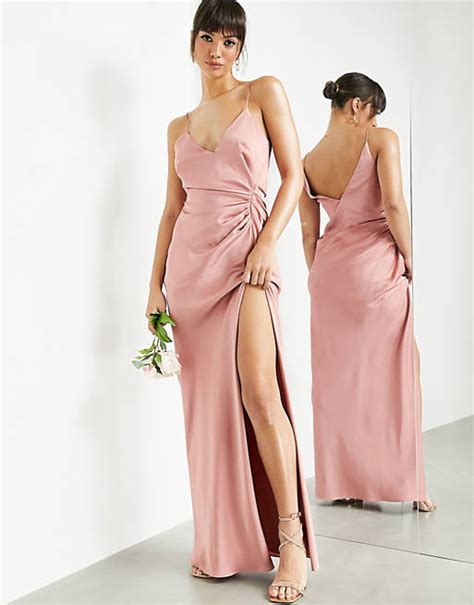 Asos Edition Robe Nuisette Longue En Satin Avec Détail Drapé Rose
