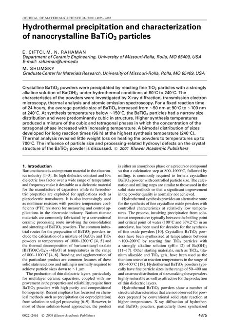 Pdf Hydrothermal Precipitation And Characterization Of Nanocrystalline Batio3 Particles