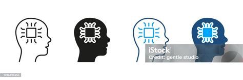 혁신 신경과학 Ai 개념 픽토그램 인간의 머리와 칩 기술 실루엣과 선 아이콘이 설정되었습니다 인공 지능 검정 및 색상 기호 컬렉션입니다 격리된 벡터 그림 검은색에 대한 스톡