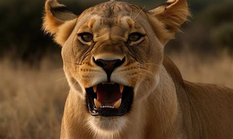 Premium Ai Image Lioness Displaying Dangerous Teeth Generative Ai