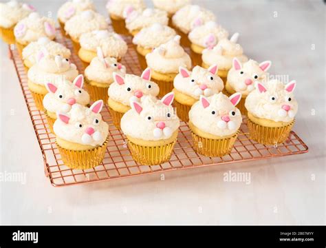 Decorating Vanilla Cupcakes With A White Buttercream Icing And Bunny
