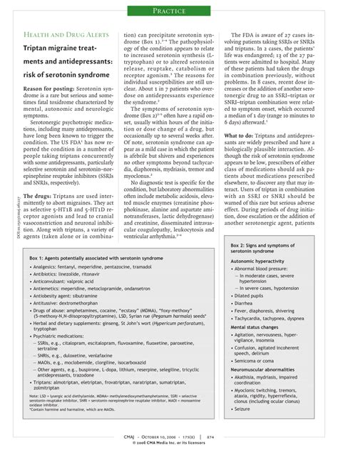 Pdf Triptan Migraine Treatments And Antidepressants Risk Of Serotonin Syndrome