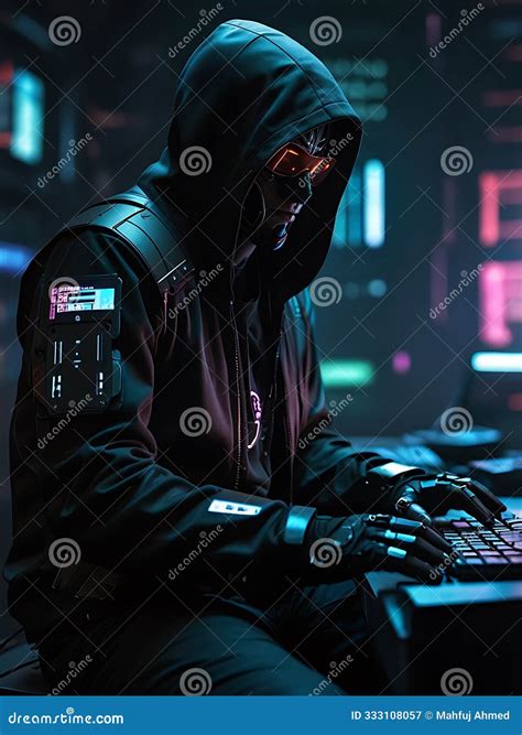 The Cyberpunk Hacker Character Concept Features A Mysterious Figure Shrouded In Shadow Stock