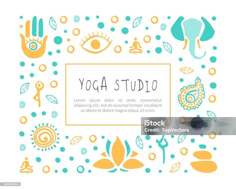 텍스트 아유르베다 전통 의학 명상 클래스 및 영적 연습 카드 포스터 손으로 그린 벡터 일러스트와 요가 스튜디오 배너 템플릿 0