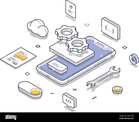 Isometric Line Art Concept Of App Development Central Elements Include A Smartphone Surrounded