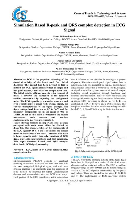 Pdf Simulation Based R Peak And Qrs Complex Detection In Ecg Signal
