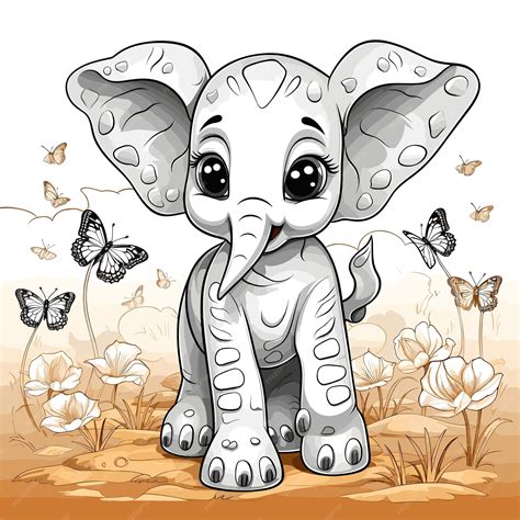 귀여운 아기 코끼리와 나비 윤곽선 그리기 벡터 그림 프리미엄 벡터