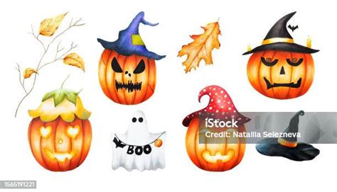 모자를 쓴 수채화 할로윈 호박 귀여운 유령 단풍이 있는 가을 가지 하얀 배경에 고립된 휴일을 위한 행복한 마법의 손 그림 디자이너 장식 상점 엽서 포장지 표지 포스터 및