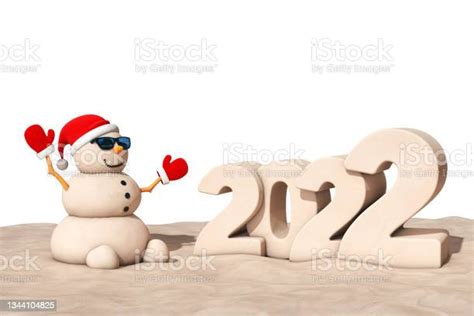 2022 년 새해 기호와 써니 비치에서 샌디 크리스마스 눈사람 3d 렌더링 눈사람에 대한 스톡 사진 및 기타 이미지 눈사람