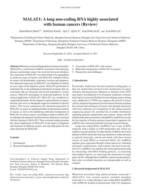 PDF MALAT1 A Long Noncoding RNA Highly Associated With Human Cancers Review