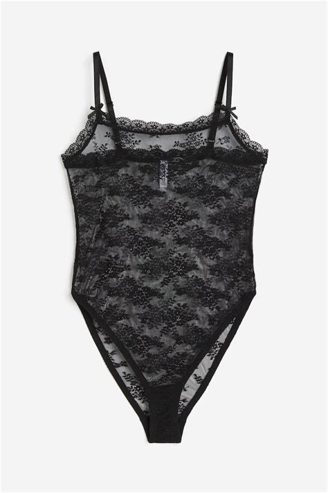 Lace Trimmed Pajama Bodysuit Black Ladies Handm Ca