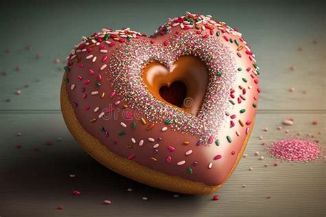 Heart Shaped Donut With Raspberry Filling And Sprinkles Stock