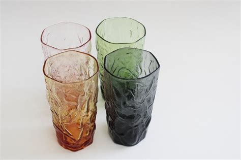 Mod Vintage Crinkle Textured Glass Tumblers Drinking Glasses Rainbow