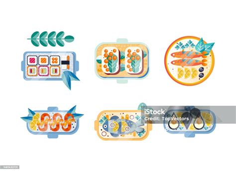 잉어 초밥 굴 새우와 같은 다양한 해산물이 들어간 접시 플랫 벡터 세트 갑각류에 대한 스톡 벡터 아트 및 기타 이미지 갑각류 개념 건강한 식생활 Istock