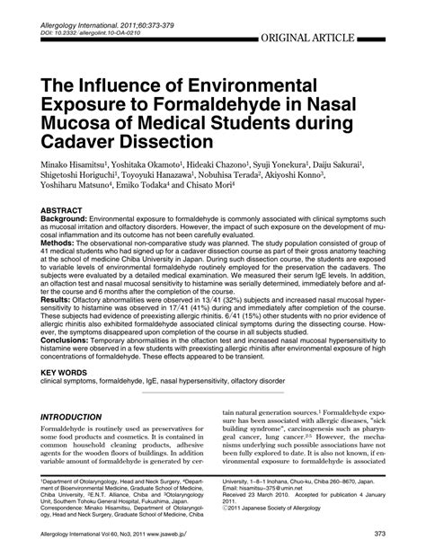Pdf The Influence Of Environmental Exposure To Formaldehyde In Nasal
