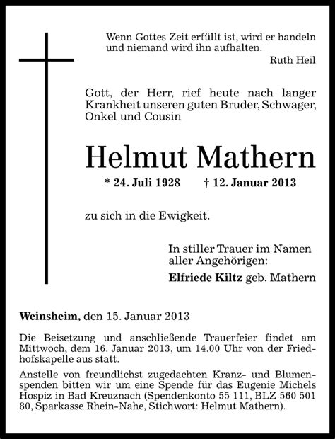 Traueranzeigen Von Helmut Mathern Rz Trauer De