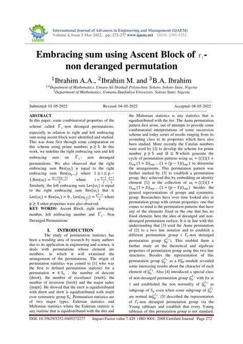 Pdf Embracing Sum Using Ascent Block Of 1 Non Deranged Permutation