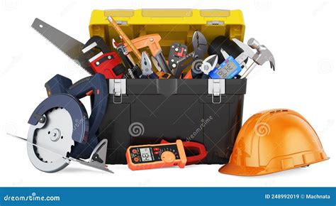 Set Of Hand Tools With Plastic Toolbox 3D Rendering Stock Illustration