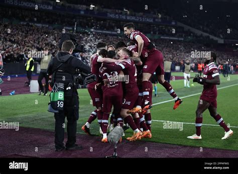Nayef Aguerd Of West Ham United Celebrates With Team Mates During West