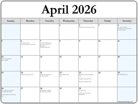 April 2026 With Holidays Calendar