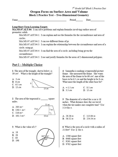 two dimensional geometry sav practice test pdf area science