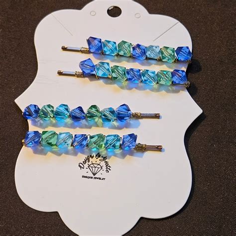 Multi Blue Green Facet Bead Wire Wrapped Bobbie Pins Set Of 4